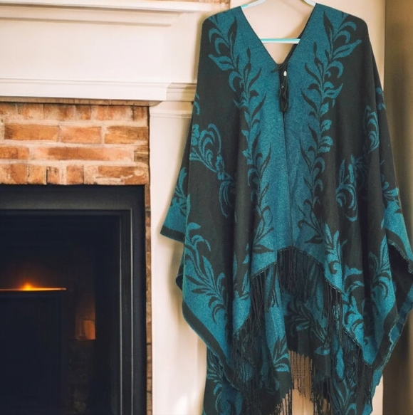 Without Tags | Jackets & Coats | Fringed Poncho Black Dark Green ...